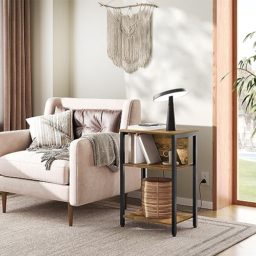 YATINEY Nightstands Set of 2, End Tables with Charging Station and Type C, Side Table with Open Storage Shelf, Bedside Table for Small Spaces, Rustic Brown and Black ET58L2BR