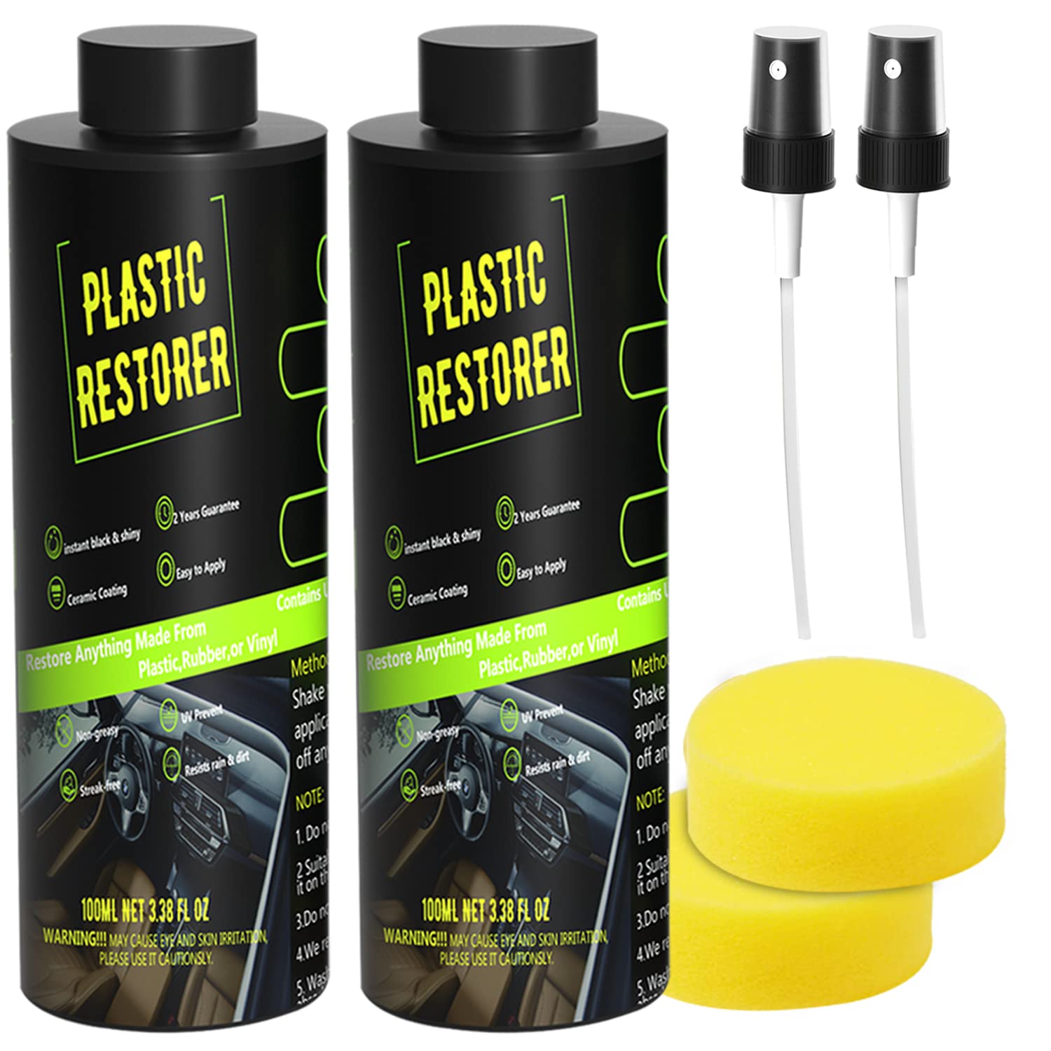 Plastic Restorer for Cars, 2PCS Car Plastic Parts Refurbish Agent Set, Automotive Interior Plastic Part Ceramic Coating with Sponge and Nozzle, Resists Water, UV Rays, Dirt, Not Dressing, 200ml
