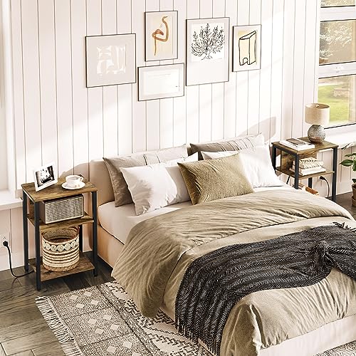 YATINEY Nightstands Set of 2, End Tables with Charging Station and Type C, Side Table with Open Storage Shelf, Bedside Table for Small Spaces, Rustic Brown and Black ET58L2BR