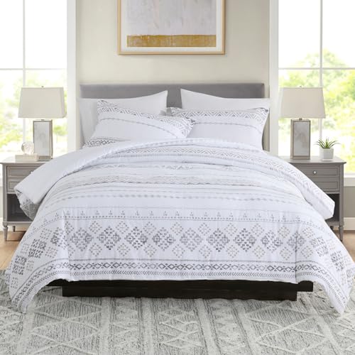 CozyDH Boho Comforter Set Queen Size - 100% Egyptian Long-Staple Cotton Modern Design with Geometric, Modern Breathable Lightweight All Season Bedding Set with Shams, 90"x90", Grey/White, 3 Piece