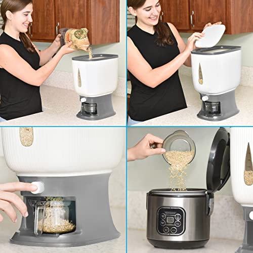 Variety Savings Coutnertop Rice Dispenser β Air Tight Rice Dispenser β Included Measuring Rice Cup & Cleaning Brush β Multipurpose Kitchen Rice Dispenser for Grains Cereal Snacks Nuts & More β 22 lbs - Gray
