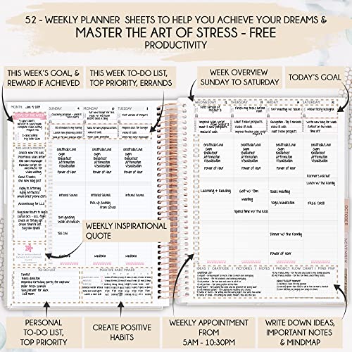 Manifestation Planner - 2023 Deluxe Weekly & Monthly Life Planner to Achieve Your Goals. A 12 Month Journey to Increase Productivity, Organizer & Gratitude Journal and Stickers