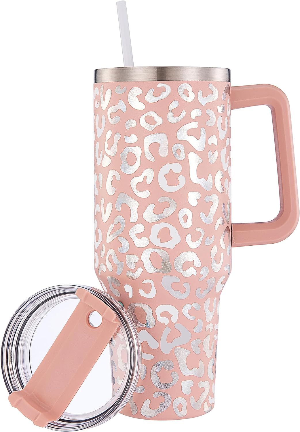 wonshia 40oz Cow print Tumbler With handle, Stainless Steel Tumbler With Lid and Straws, Double Vacuum Leak Proof Travel Coffee Mug Cup Water Bottle For Home, Office, Party (Water pink)