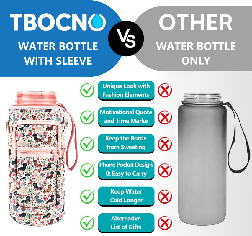 TBOCNO 64oz Half Gallon Water Bottle With Sleeve/Time Marker/Straw/Dust Proof Lids-Large Reusable Drink Container for Gym, Work and Daily Use