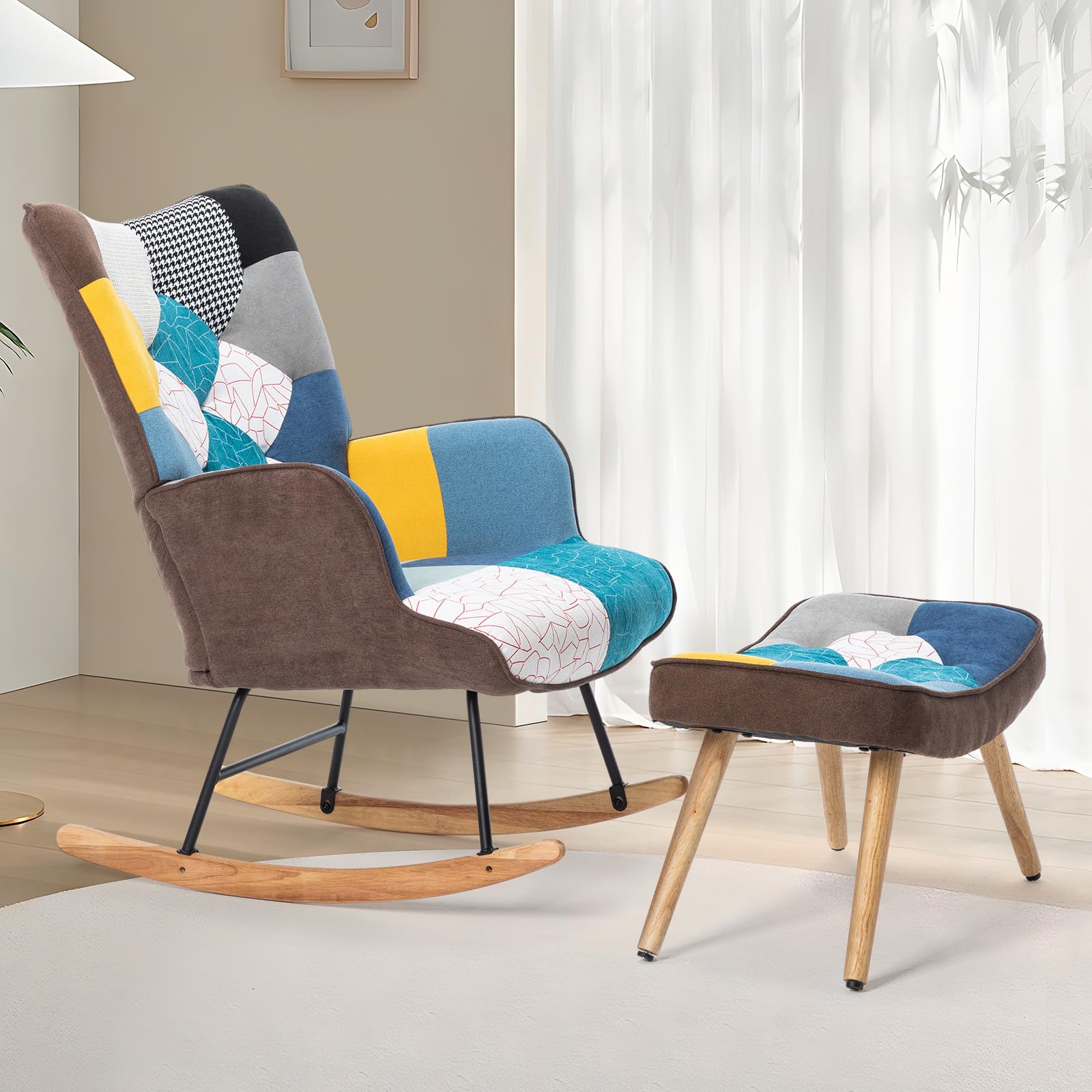 Unovivy Rocking Chair with Ottoman, Upholstered Nursery Armchair with Foot Rest, Nursing Glider Rocker with Backrest & Wooden Base, Small Gliding Seat for Bedroom, Living Room, Balcony