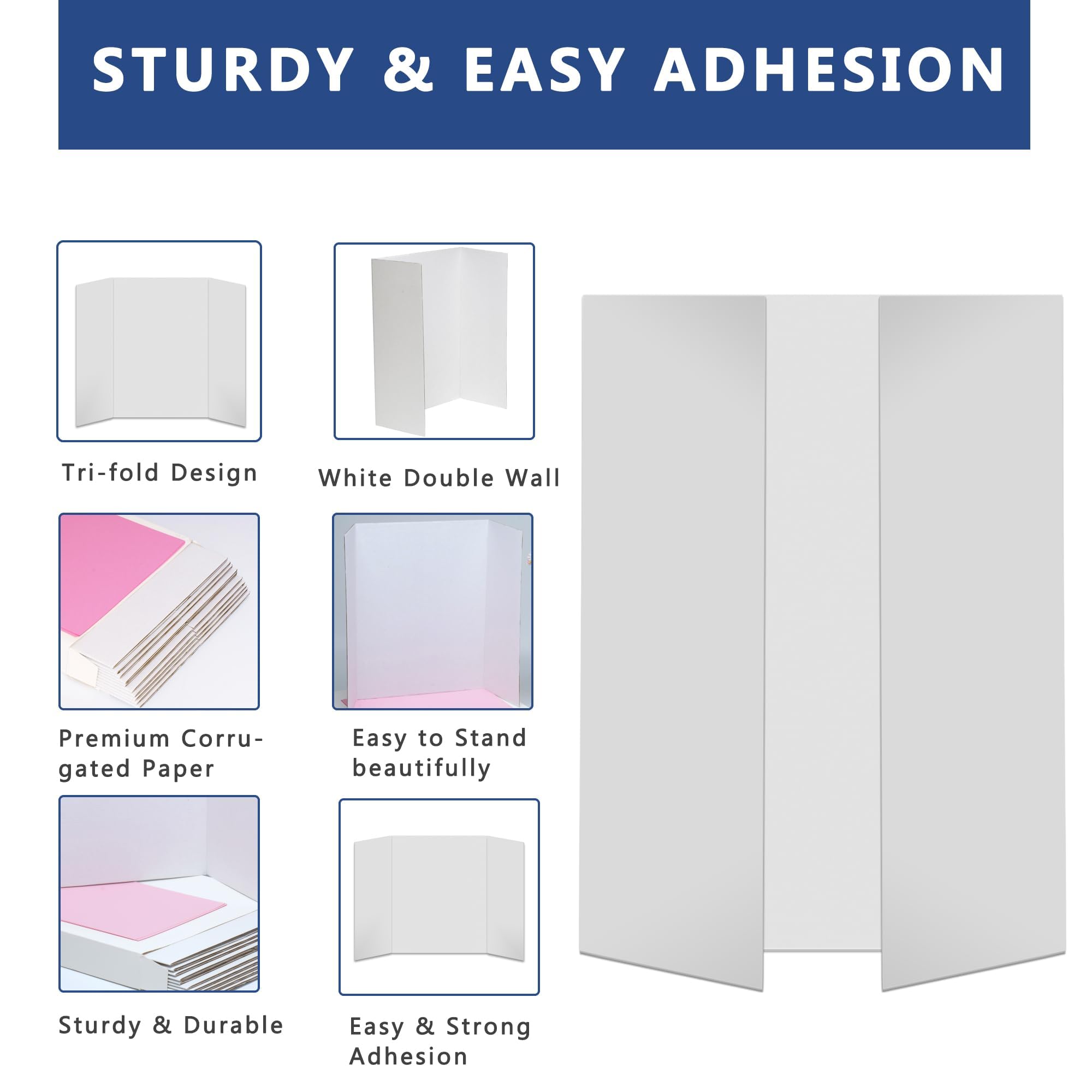 Rsgift 4 Pcs Small Tri-fold Poster Boards with Double Sided Tapes and Cardboard,21.2x13.8 inches,Corrugated Presentation Boards, Display Boards for School Project,Exhibitions,Business Presentation