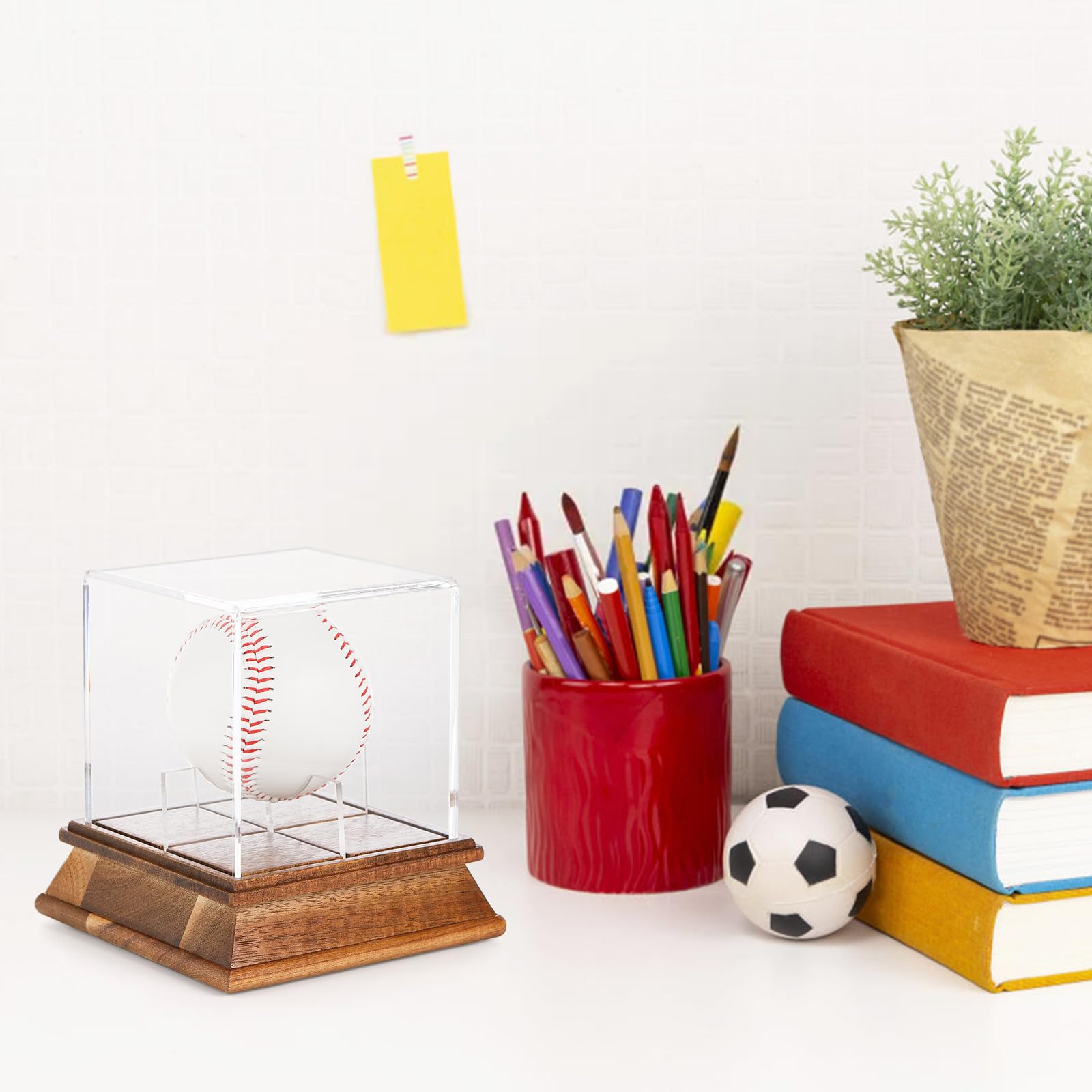 Tebery Baseball Display Case Wooden Stand, UV Protected Acrylic Cube Baseball Holder, Memorabilia Autograph Base Display Case with Clear Cover, Square Storage Stand Box, Fits Official Size Ball