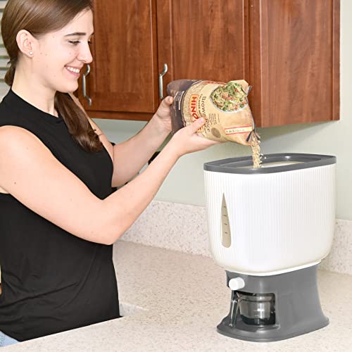 Variety Savings Coutnertop Rice Dispenser β Air Tight Rice Dispenser β Included Measuring Rice Cup & Cleaning Brush β Multipurpose Kitchen Rice Dispenser for Grains Cereal Snacks Nuts & More β 22 lbs - Gray