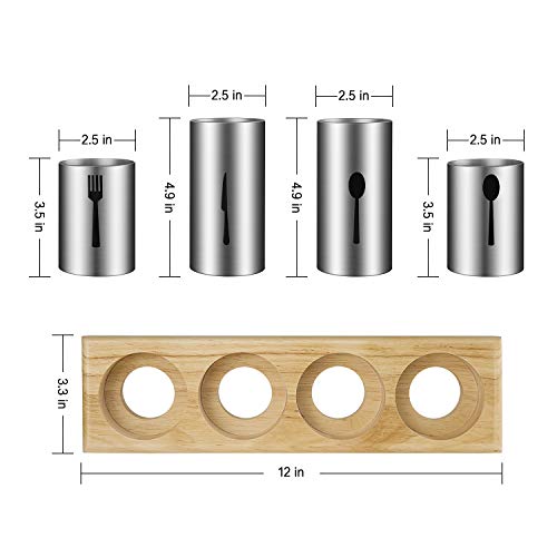 Silverware Holder,HBlife Utensil Holder with Caddy Silverware Container for Spoons ,Knives ,Forks Silverware Display Organizer Kitchen Dinner Table,Stainless Steel with Bamboo Wood Base