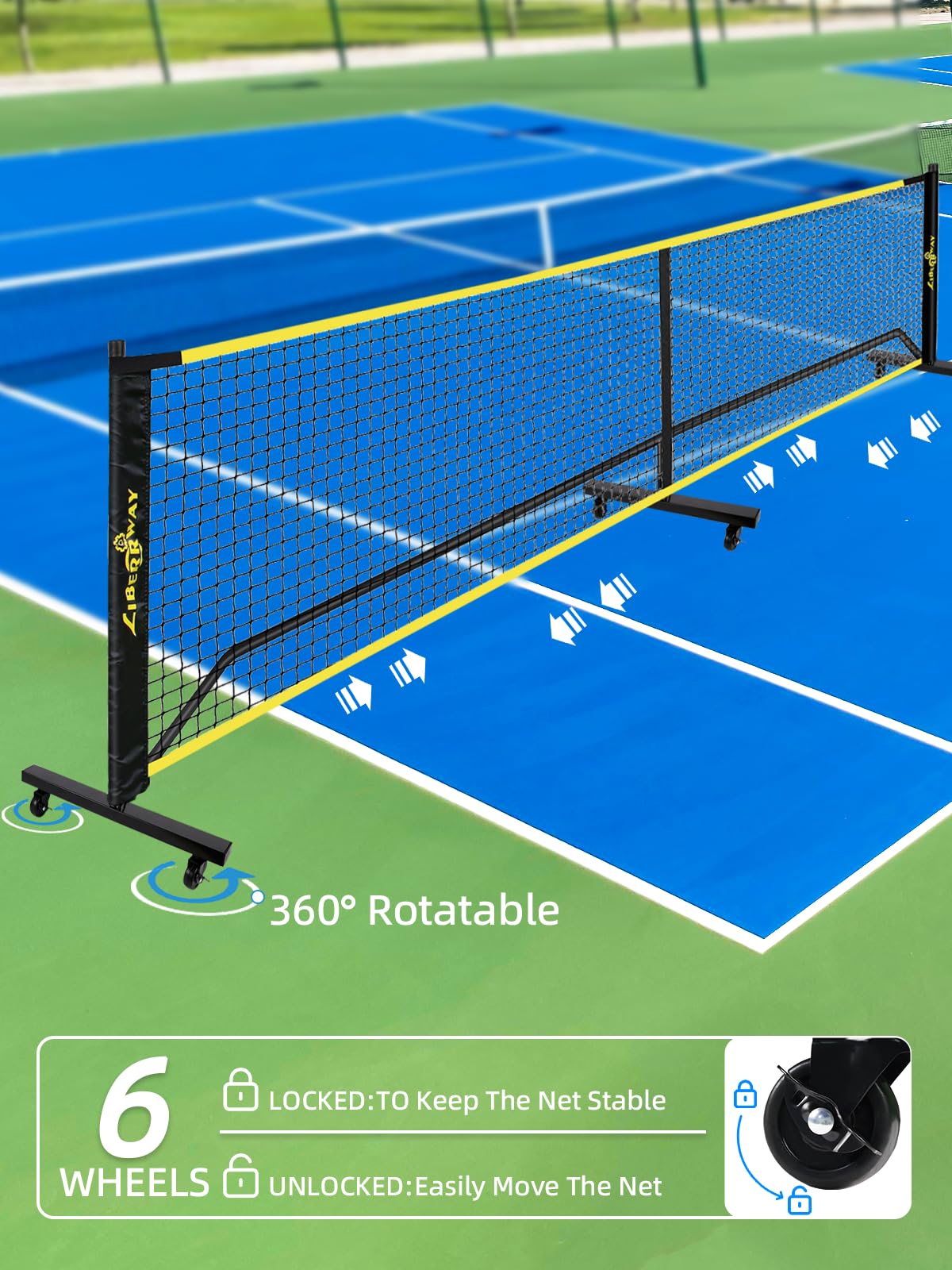 Pickleball Net LIBERRWAY Portable Pickleball Net with Wheels and Carry Bag 22FT Official Regulation Size Pickleball Net for Driveway Outdoor Backyard Metal Frame & Easy Set Up