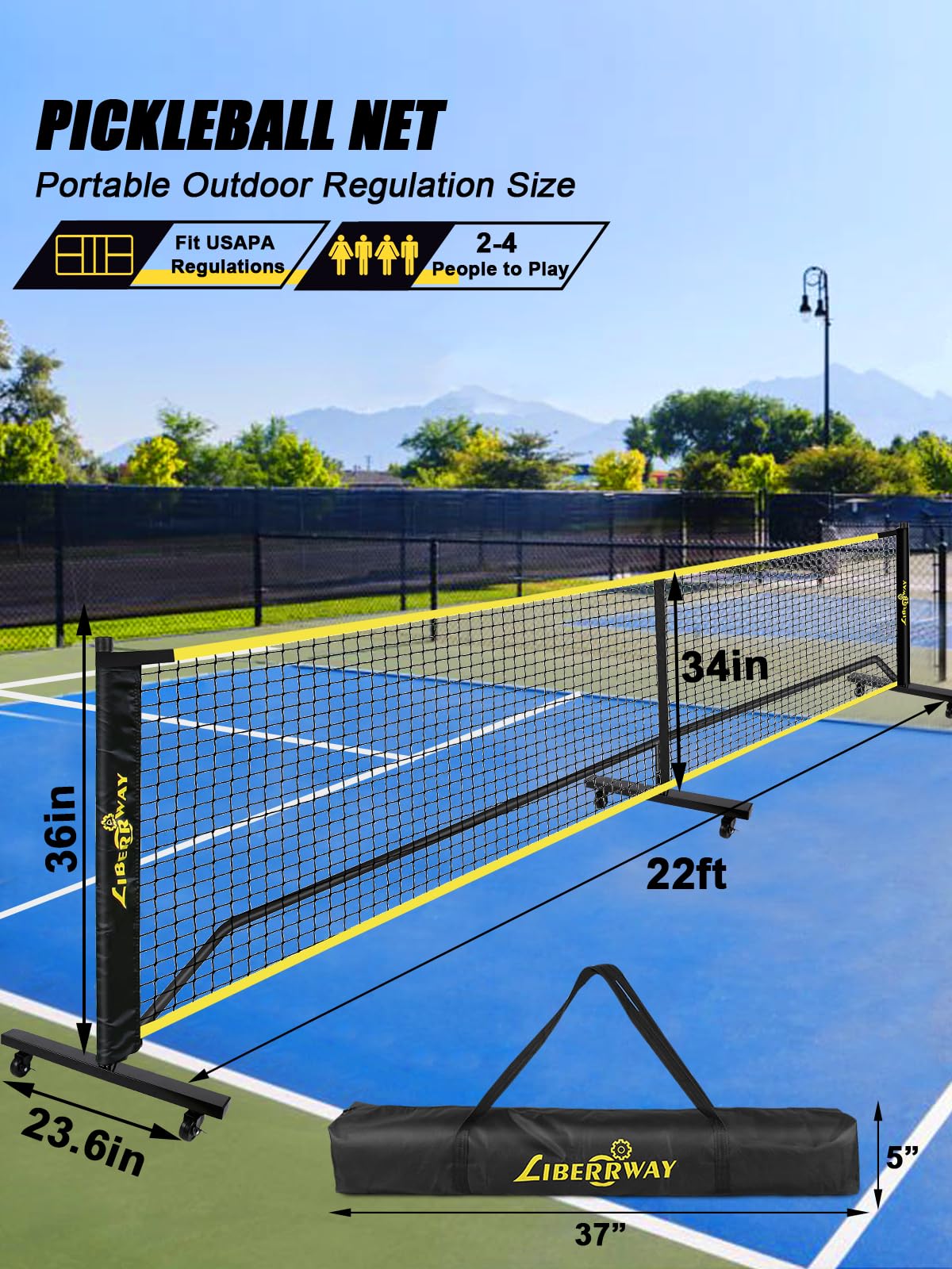 Pickleball Net LIBERRWAY Portable Pickleball Net with Wheels and Carry Bag 22FT Official Regulation Size Pickleball Net for Driveway Outdoor Backyard Metal Frame & Easy Set Up