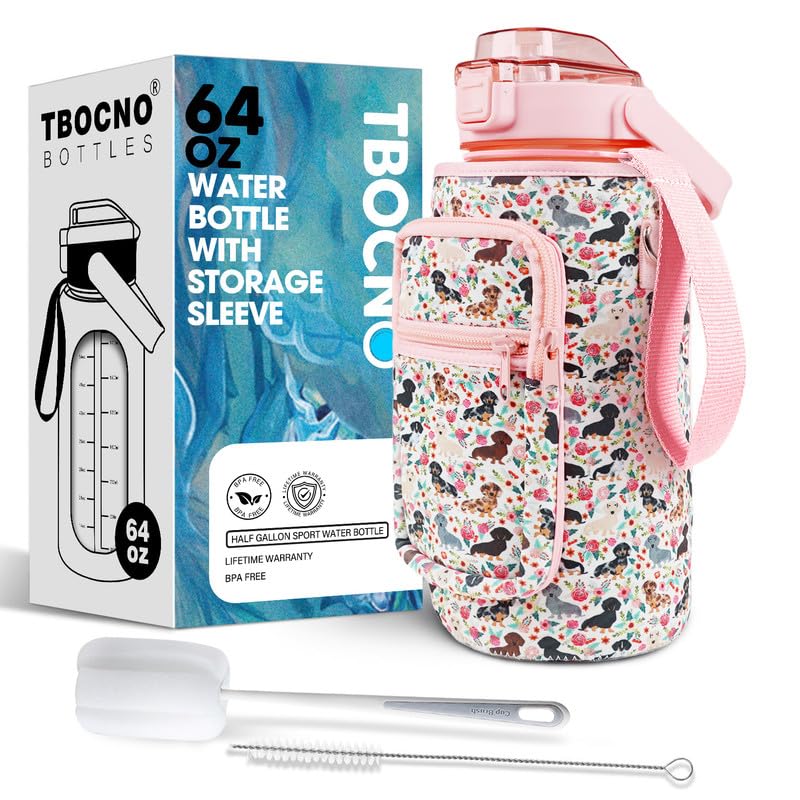 TBOCNO 64oz Half Gallon Water Bottle With Sleeve/Time Marker/Straw/Dust Proof Lids-Large Reusable Drink Container for Gym, Work and Daily Use