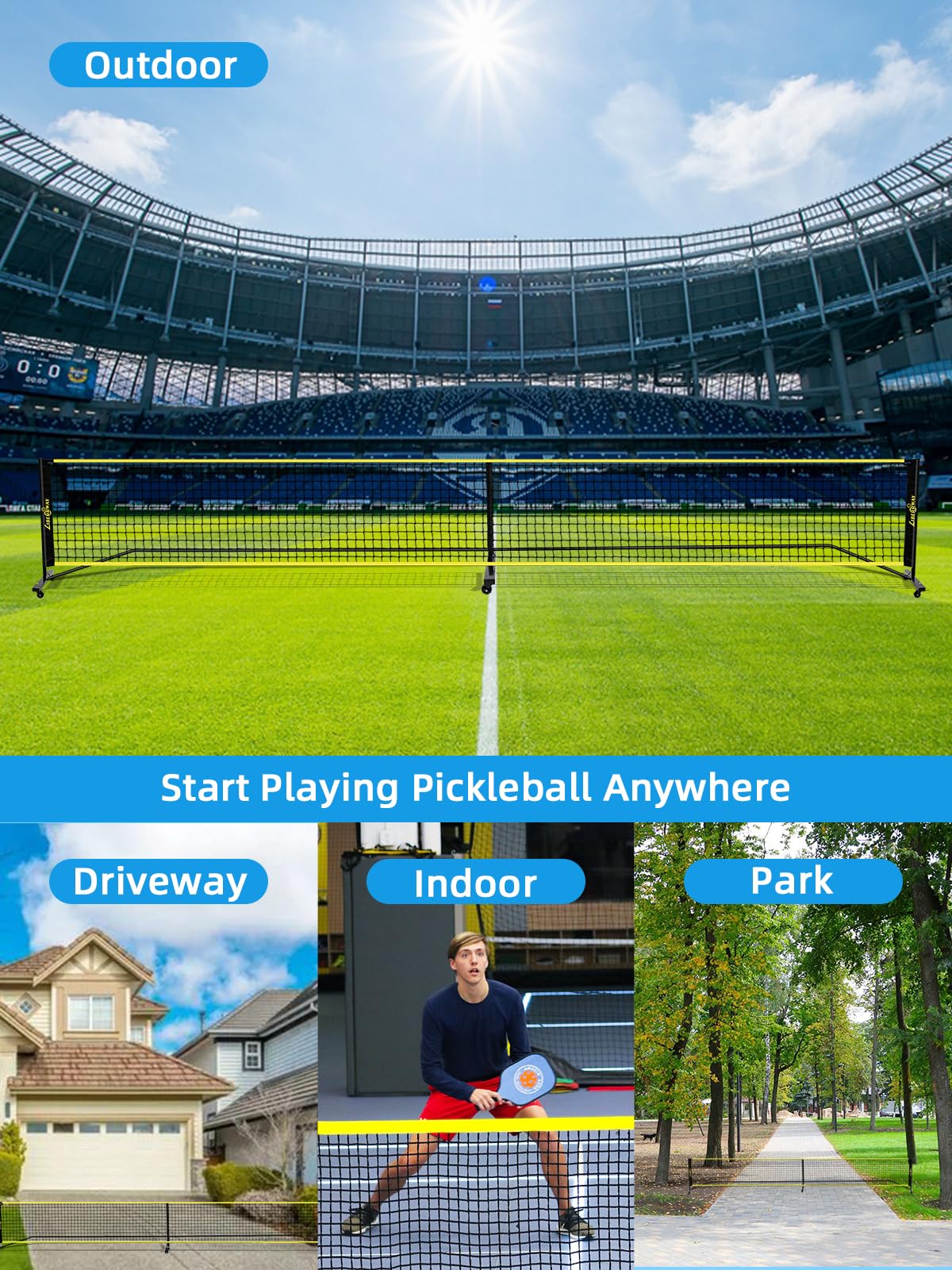 Pickleball Net LIBERRWAY Portable Pickleball Net with Wheels and Carry Bag 22FT Official Regulation Size Pickleball Net for Driveway Outdoor Backyard Metal Frame & Easy Set Up