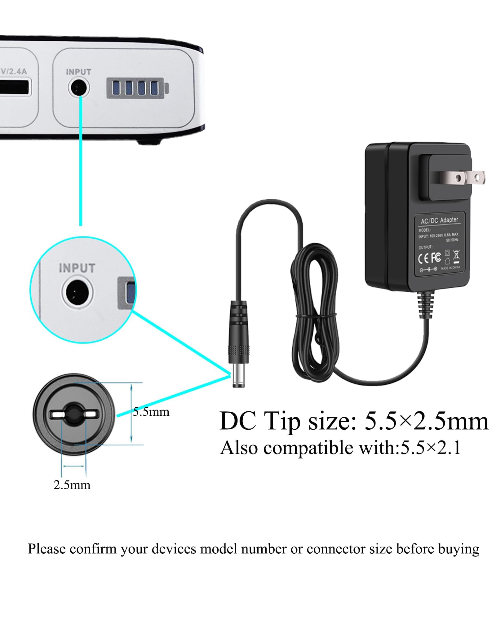 WUKUR Charger, 14V AC Adapter Compatible with Halo Bolt 57720/58830, Power Cord for Car Jump Starter, 6.5ft, 0.85A, Black
