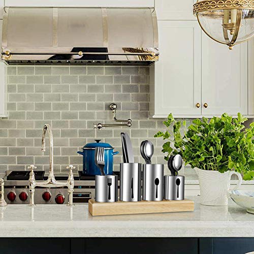 Silverware Holder,HBlife Utensil Holder with Caddy Silverware Container for Spoons ,Knives ,Forks Silverware Display Organizer Kitchen Dinner Table,Stainless Steel with Bamboo Wood Base