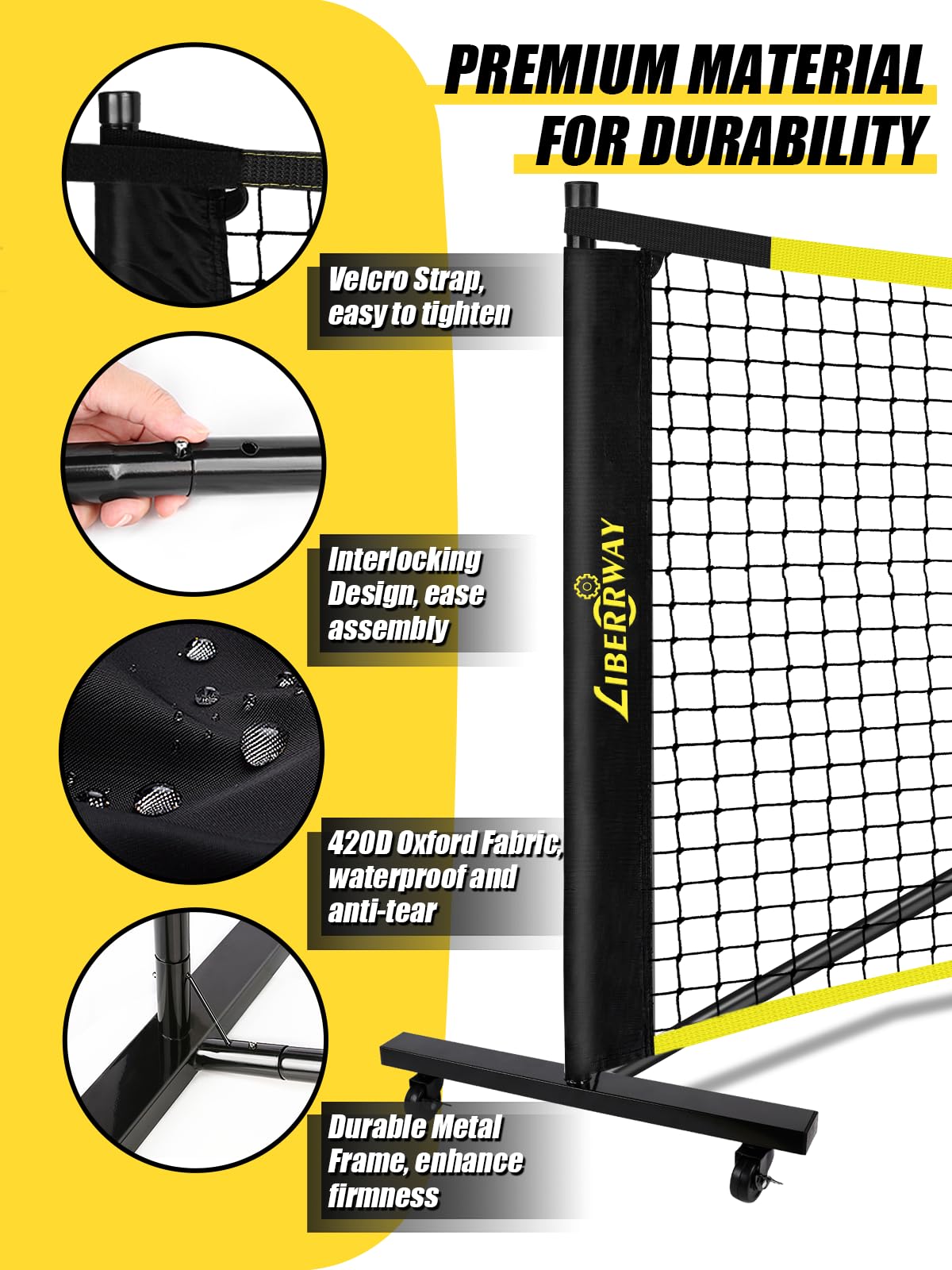 Pickleball Net LIBERRWAY Portable Pickleball Net with Wheels and Carry Bag 22FT Official Regulation Size Pickleball Net for Driveway Outdoor Backyard Metal Frame & Easy Set Up