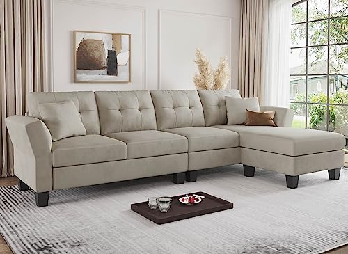 Belffin Convertible Sectional Couch Velvet L Shaped Sofa 4 Seat Sofa with Chaise L-Shaped Couches Reversible Sectional Sofa (Light Grey, L Shaped Couch)