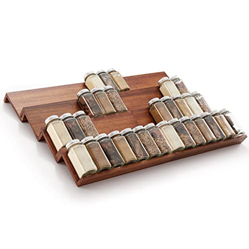 Tinamo Acacia Spice Rack Organizer for Drawer - Wooden Tray Spice Racks Organizer for Cabinet Storage Shelf - 4 Tier Spice Drawer Organizer 64 Jars ( Acacia Wood)