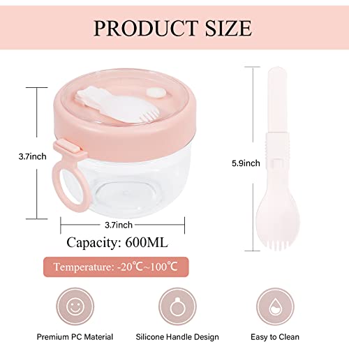 Overnight Oat Containers with Lids and Spoons 2PCS, 20oz Portable Plastic Yogurt Jars, Leak-proof Large Capacity Dessert Cups for Yogurt Breakfast On The Go Cups, Oatmeal Jars Snack Containers