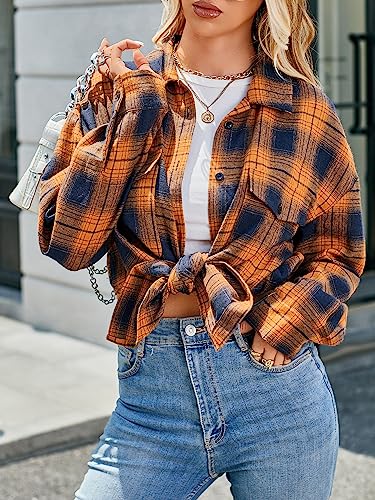 Womens Plaid Shirts Casual Long Sleeve Button Down Buffalo Flannel Shacket Loose 2023 Fall Blouse Tops Yellow