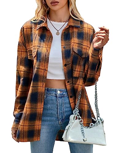 Womens Plaid Shirts Casual Long Sleeve Button Down Buffalo Flannel Shacket Loose 2023 Fall Blouse Tops Yellow