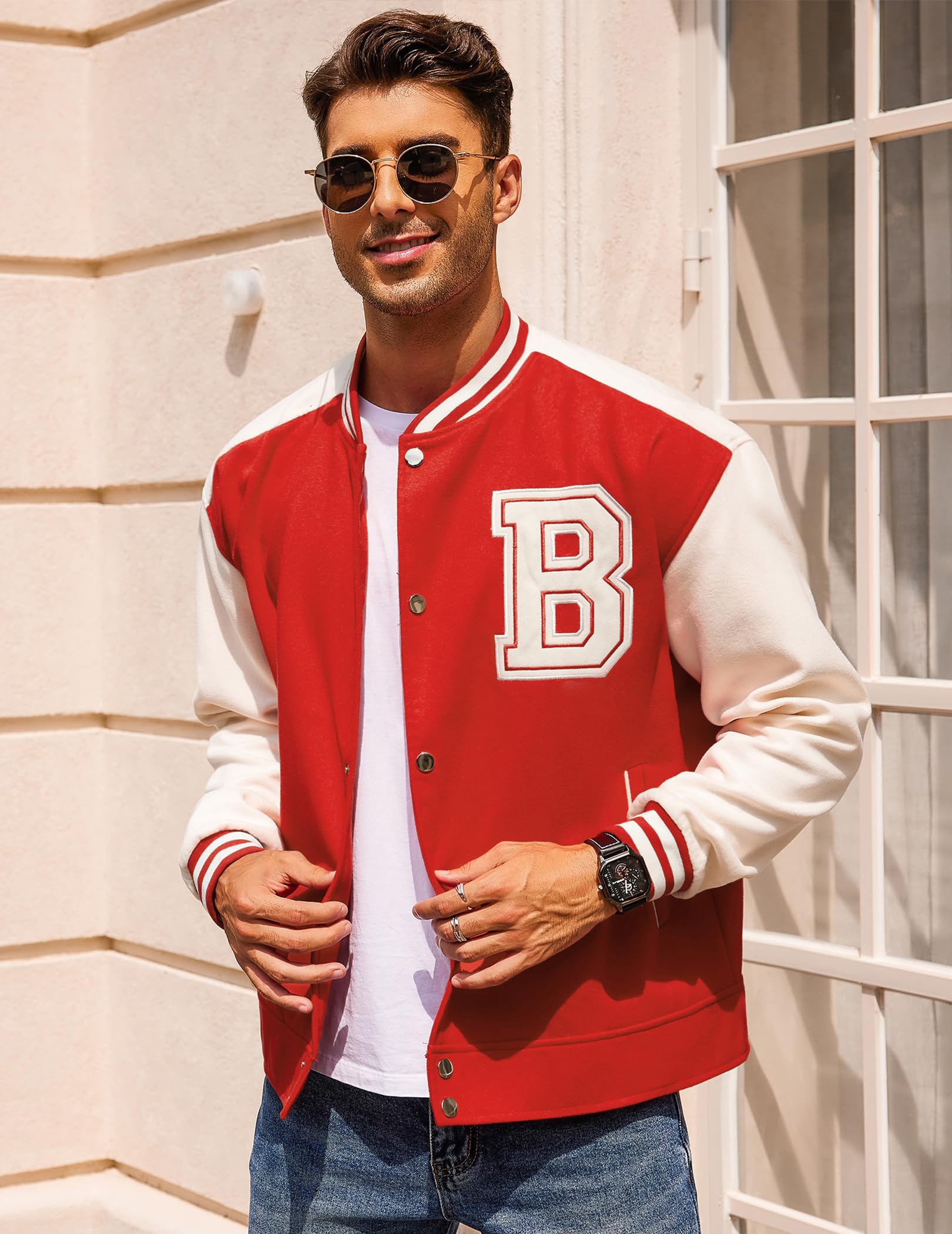 COOFANDY Men Varsity Jackets High School Letterman Jacket Wool Bomber Jacket Casual Jacket Red