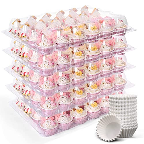 LotFancy Mini Cupcake Containers, 24 Count, 12 Pack Plastic Cupcake Holder with 288 Cupcake Liners, Clear Disposable Mini Cupcake Carriers with Detachable Dome Lid
