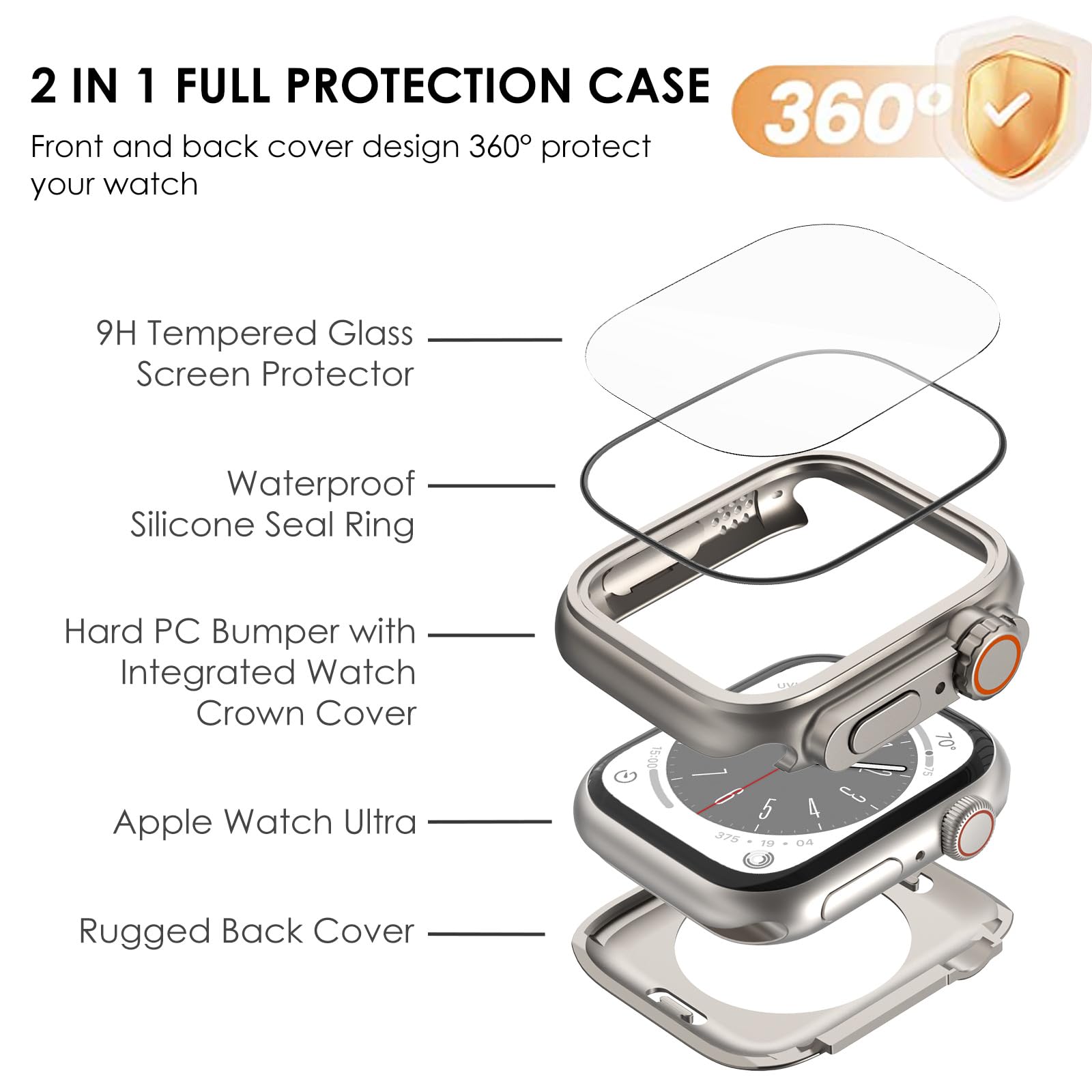 Wingle 2 in 1 Waterproof Case for Apple Watch Series 9 8 7 45mm Screen Protector【Looks Like Apple Watch Ultra】, 2 Pack iWatch Face Cover + Back Bumper with Tempered Glass for Men, Titanium