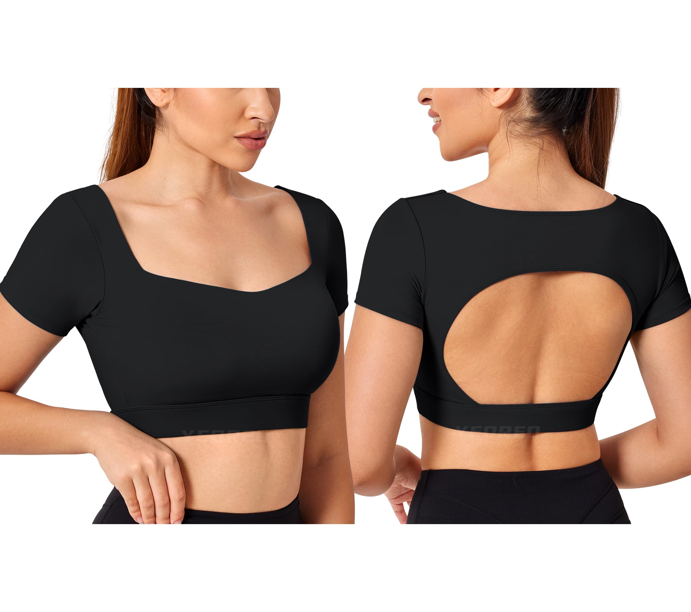 YEOREO Women Open Back Tee Crop Tops with Removable Pad Workout Backless Gym Shirt Bra Going Out T Shirt Top