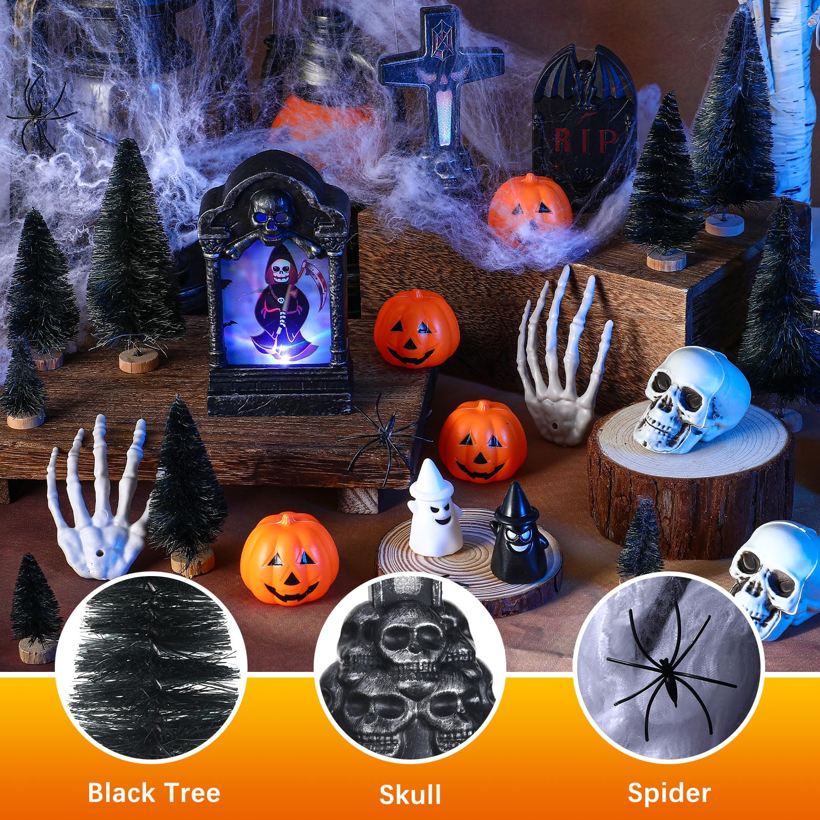Retisee 28 Pcs Halloween Miniature Micro Landscape Village Accessories Ornaments Set Black Christmas Tree LED Tombstones Skeleton Pumpkin Statues for Halloween Party Set Decor
