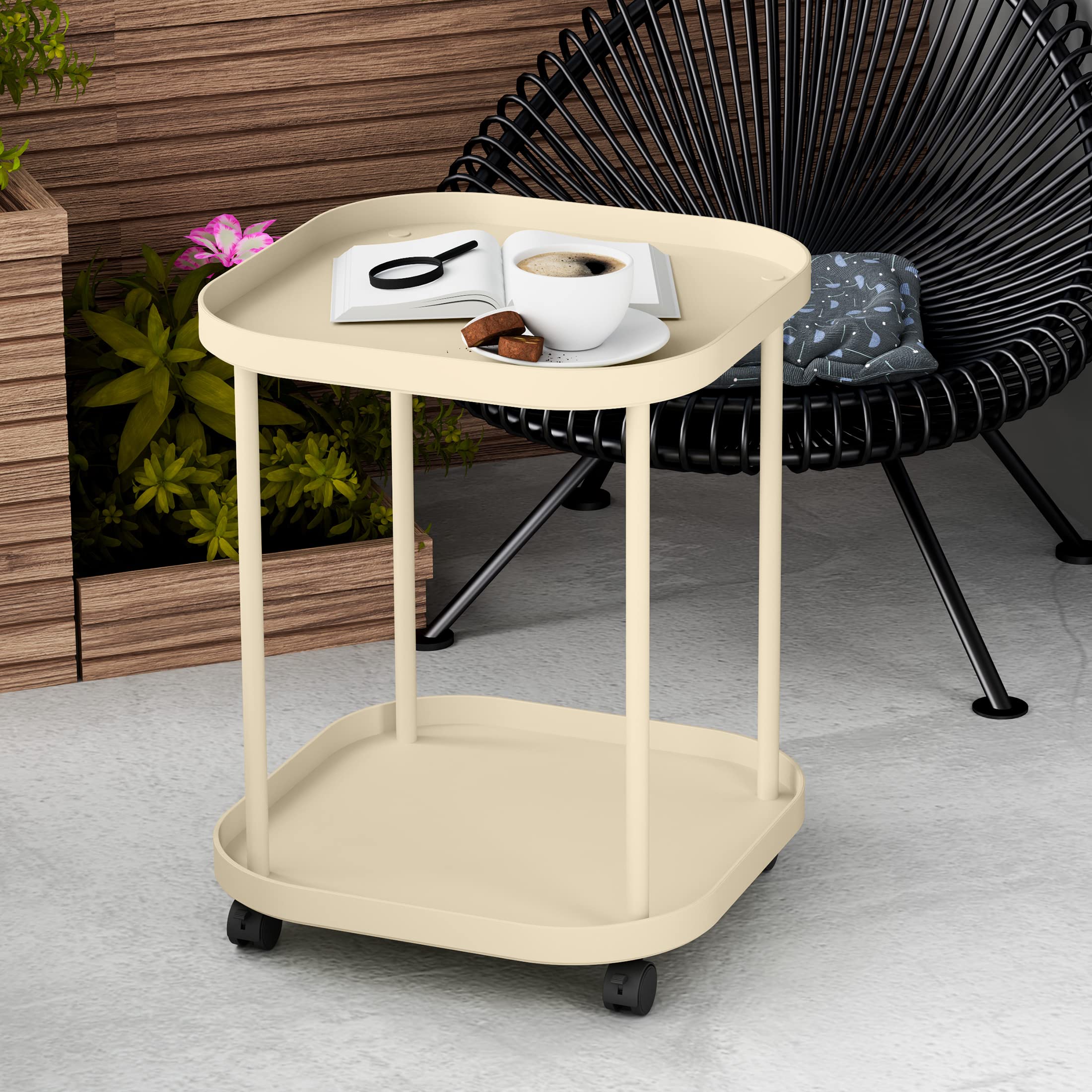 villertech Side Table with Wheels, End Table Living Room Plastic Mobile Sofa Side Table Small Night Stand Bedroom Khaki (2 Pack)