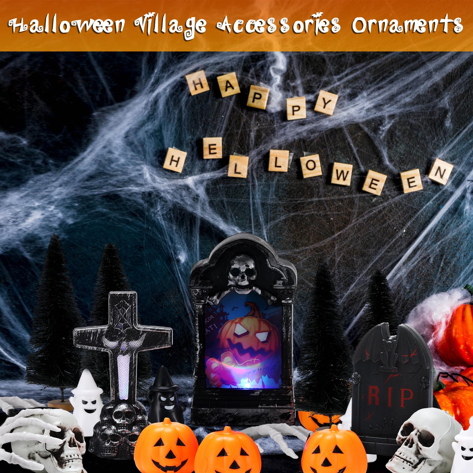Retisee 28 Pcs Halloween Miniature Micro Landscape Village Accessories Ornaments Set Black Christmas Tree LED Tombstones Skeleton Pumpkin Statues for Halloween Party Set Decor