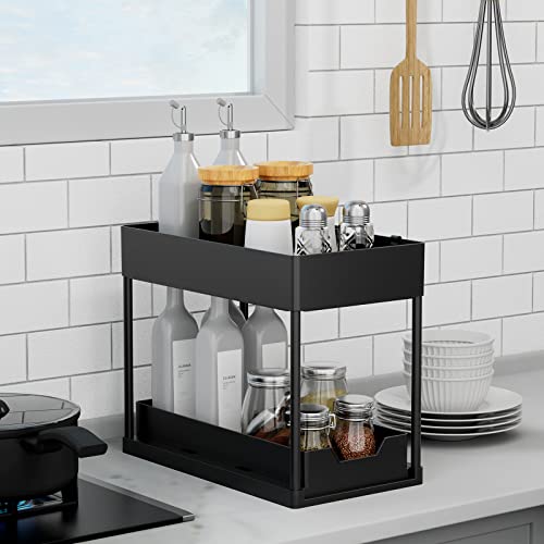 2Pcs Under Sink Organizers and Storage, Pull Out Cabinet OrganizerĀ 2-Tier Under Sliding Cabinet Basket Organizer Drawer with Hooks, Hanging Cup, Multi-purpose Storage Shelf for Bathroom Kitchen, Black