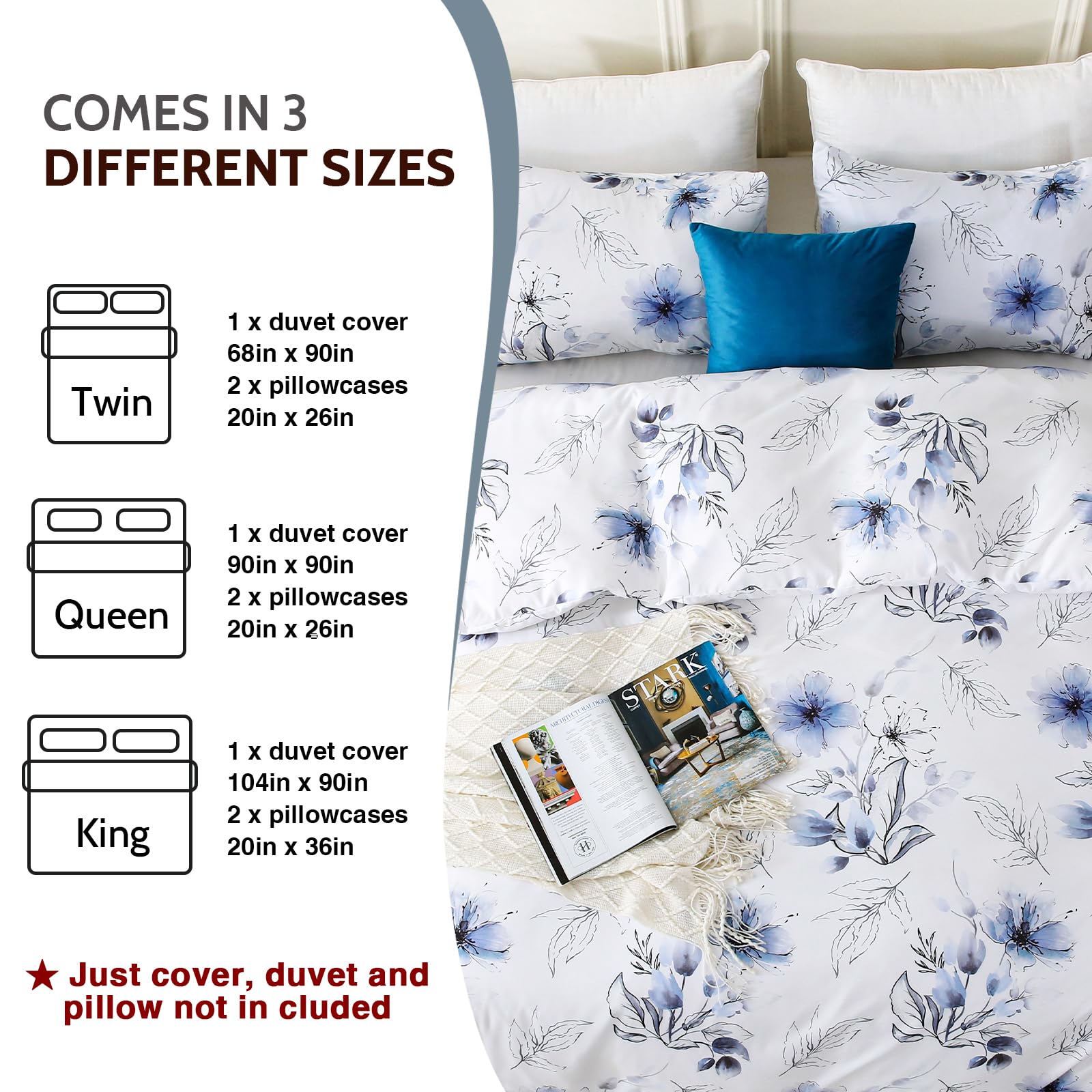 DESIHOM Blue Floral Duvet Cover Queen Size Coquette Flower Duvet Covers Set 3 Pieces with Zipper Closure, Aesthetic Reversible Queen Comforter Quilt Cover Microfiber Bedding Set