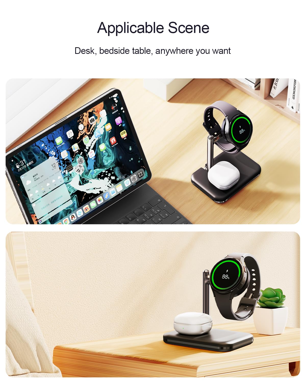 MAKAQI 2 in 1 Charger Stand for Samsung Watch and Earbuds, Foldable Charging Dock Compatible With Galaxy Watch 7/6 Classic/5/5 Pro/5 Classic/4/3/Active 2/1 & Galaxy Buds 2/2Pro/Live