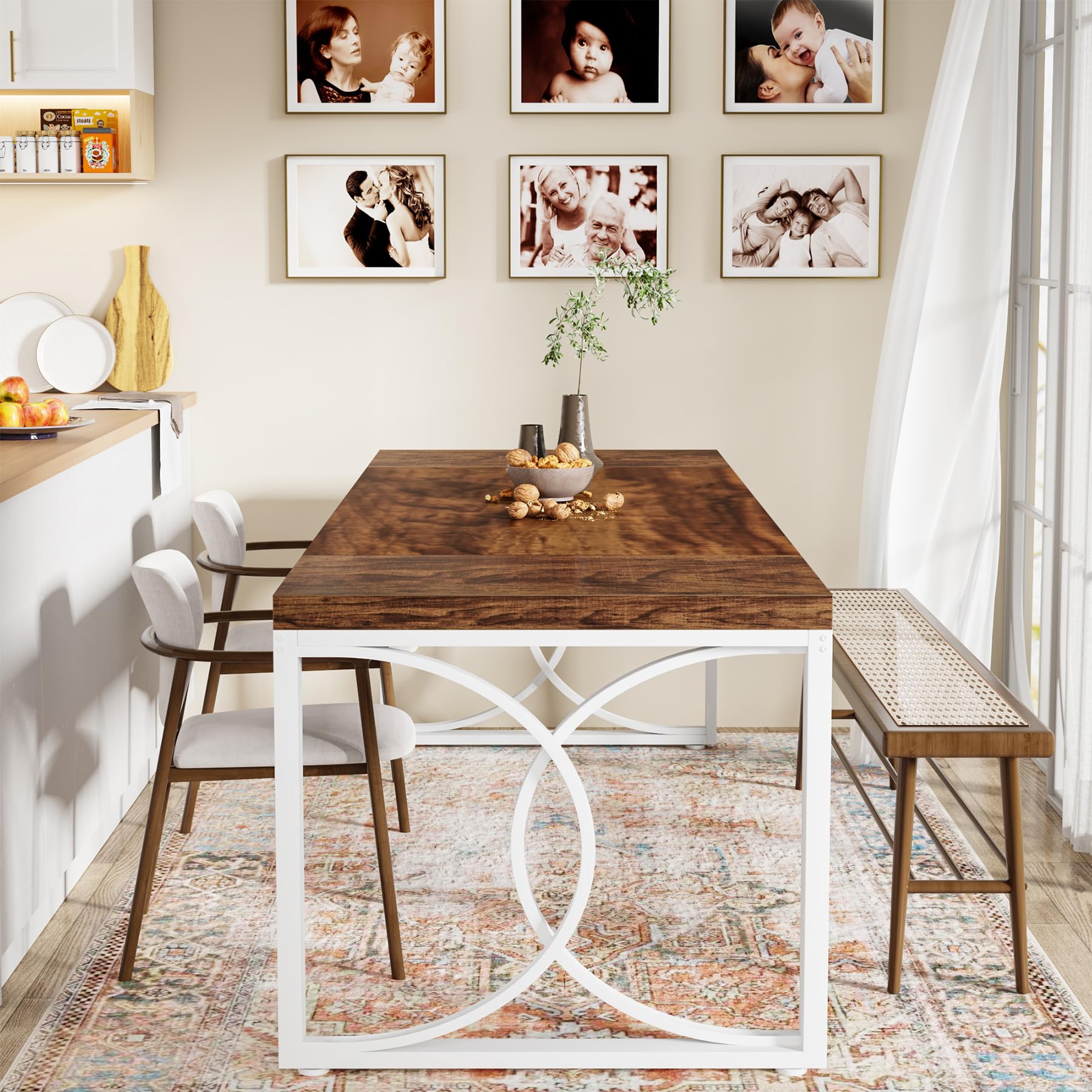 Tribesins Rectangular Dining Table, 63-inch Wood Kitchen Table with Strong Metal Frame, Industrial Large Long Dining Room Table for 4-People Family (Walnut and White)