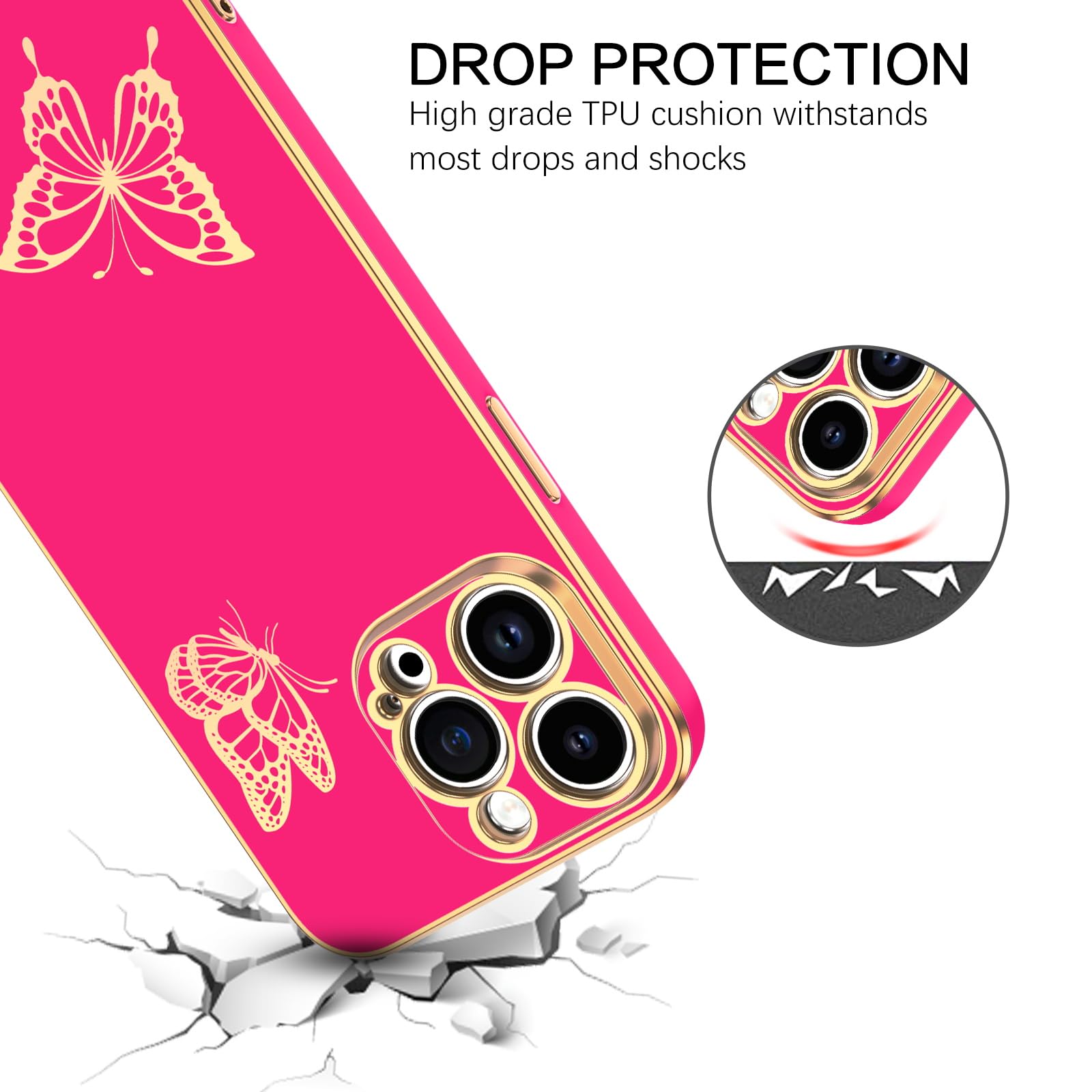BENTOBEN for iPhone 13 Pro Max Case, Butterfly Design Women Girl iPhone 13 Pro Max Phone Case Slim Fit Luxury Shockproof Electroplated Soft Protective Cover Case for iPhone 13 Pro Max 6.7",Hot Pink