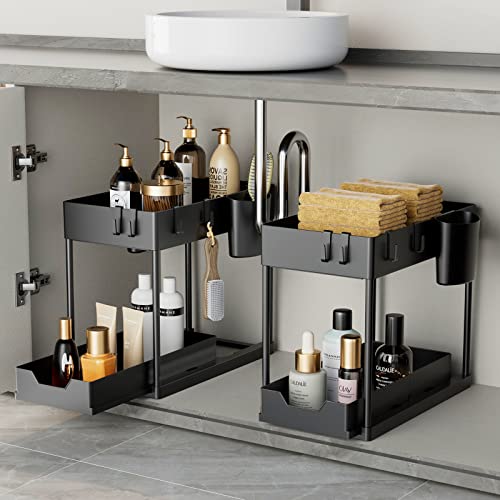 2Pcs Under Sink Organizers and Storage, Pull Out Cabinet OrganizerĀ 2-Tier Under Sliding Cabinet Basket Organizer Drawer with Hooks, Hanging Cup, Multi-purpose Storage Shelf for Bathroom Kitchen, Black