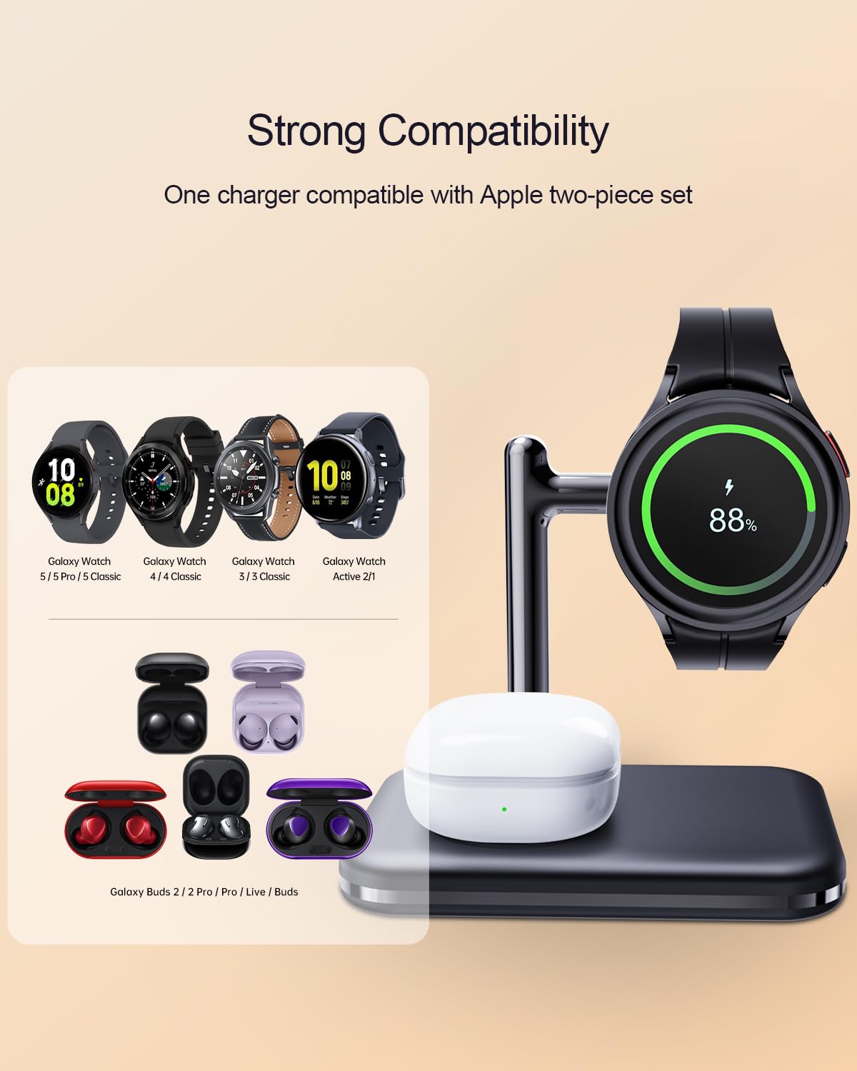 MAKAQI 2 in 1 Charger Stand for Samsung Watch and Earbuds, Foldable Charging Dock Compatible With Galaxy Watch 7/6 Classic/5/5 Pro/5 Classic/4/3/Active 2/1 & Galaxy Buds 2/2Pro/Live
