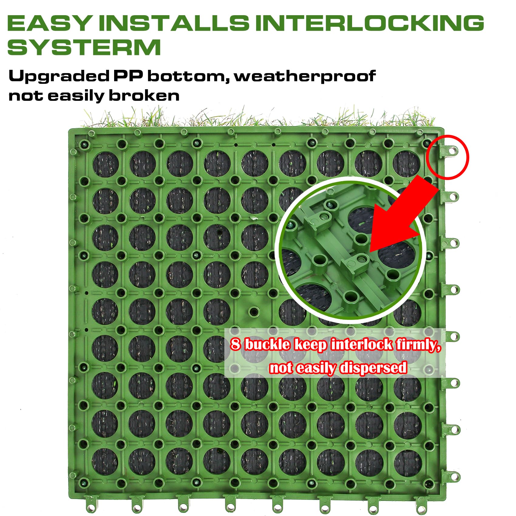 GLOBREEN Interlocking Artificial Grass Tiles 9 Pack, 12" x 12" Squares Fake Turf Grass Tiles Self-Draining for Deck, Patio, Dogs, Balcony, Backyard, Indoor Outdoor Flooring Decor