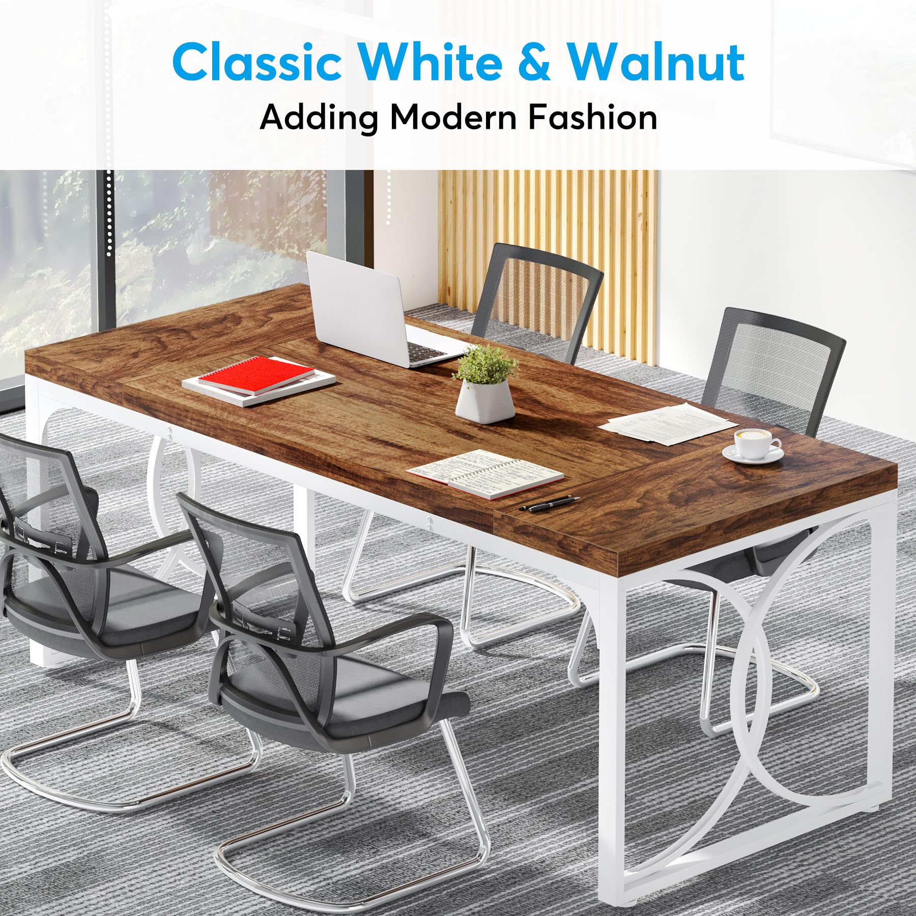 Tribesins Rectangular Dining Table, 63-inch Wood Kitchen Table with Strong Metal Frame, Industrial Large Long Dining Room Table for 4-People Family (Walnut and White)