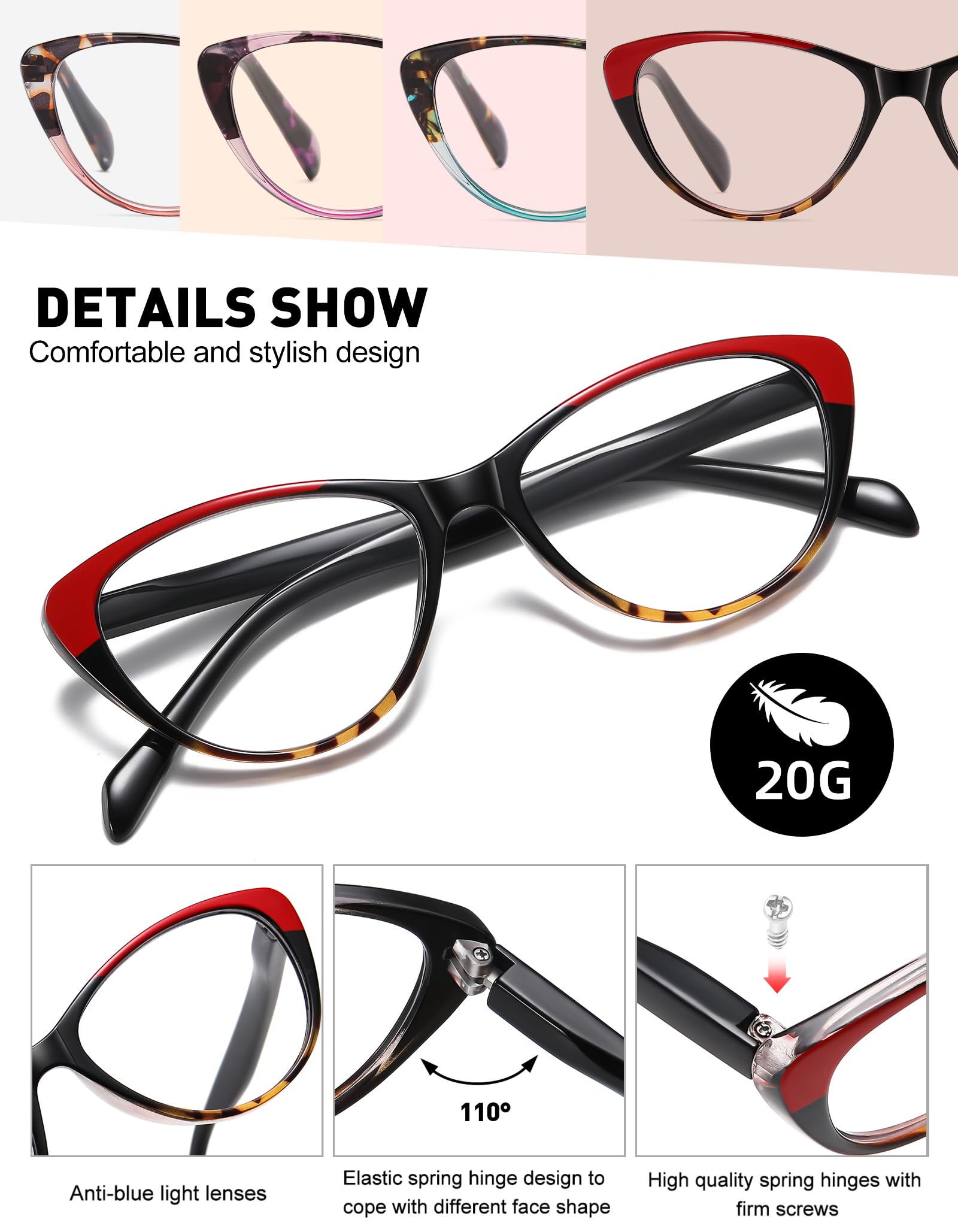 SOCTICK Cat Eye Reading Glasses for Women Blue Light Blocking,Readers for Women 1.75 with Comfort Spring Hinges,Fashion Designer Ladies Eyeglasses(4 pack)