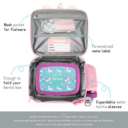 mibasies Kids Unicorn Insulated Lunch Box for Girls Rainbow Bag with Water Bottle Holder(Pink Blue Rainbow)