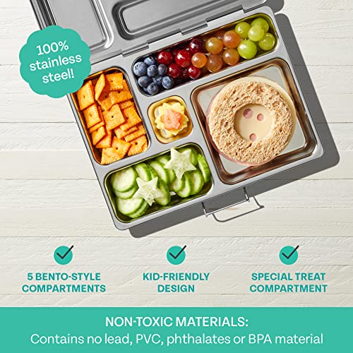 PlanetBox Rover Stainless Steel Bento Lunch Box with 5 Compartments for Adults and Kids, Space Animals Carry Bag and Magnets