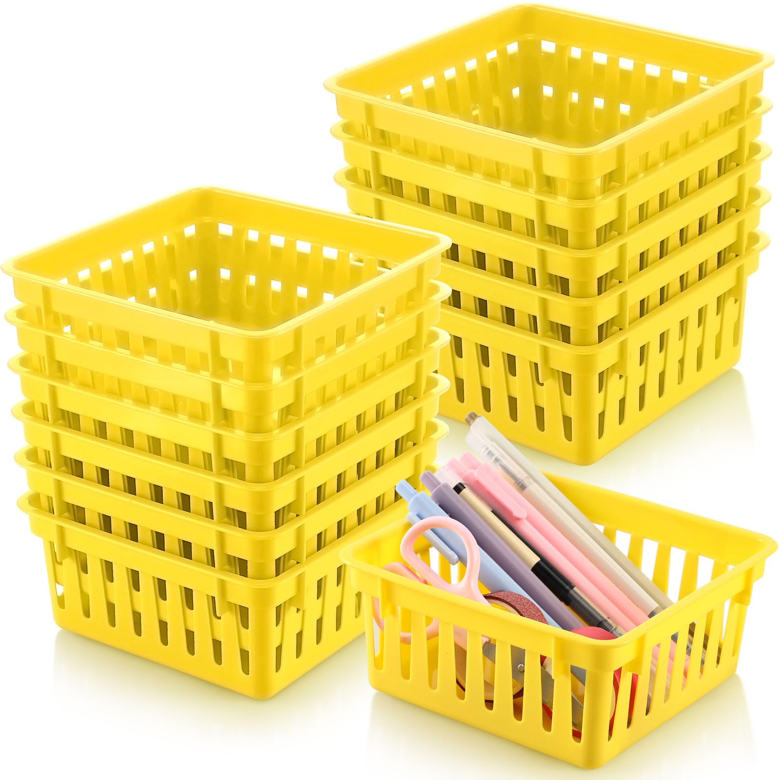 Seajan 12 Pcs 5.3 x 5.3 x 2.4 Small Plastic Classroom Storage Basket Bins Bulk Square Crayon Container Colored for Organizing Pencils Office Mini Organizer Bathroom Storage Bin Holder (Yellow)