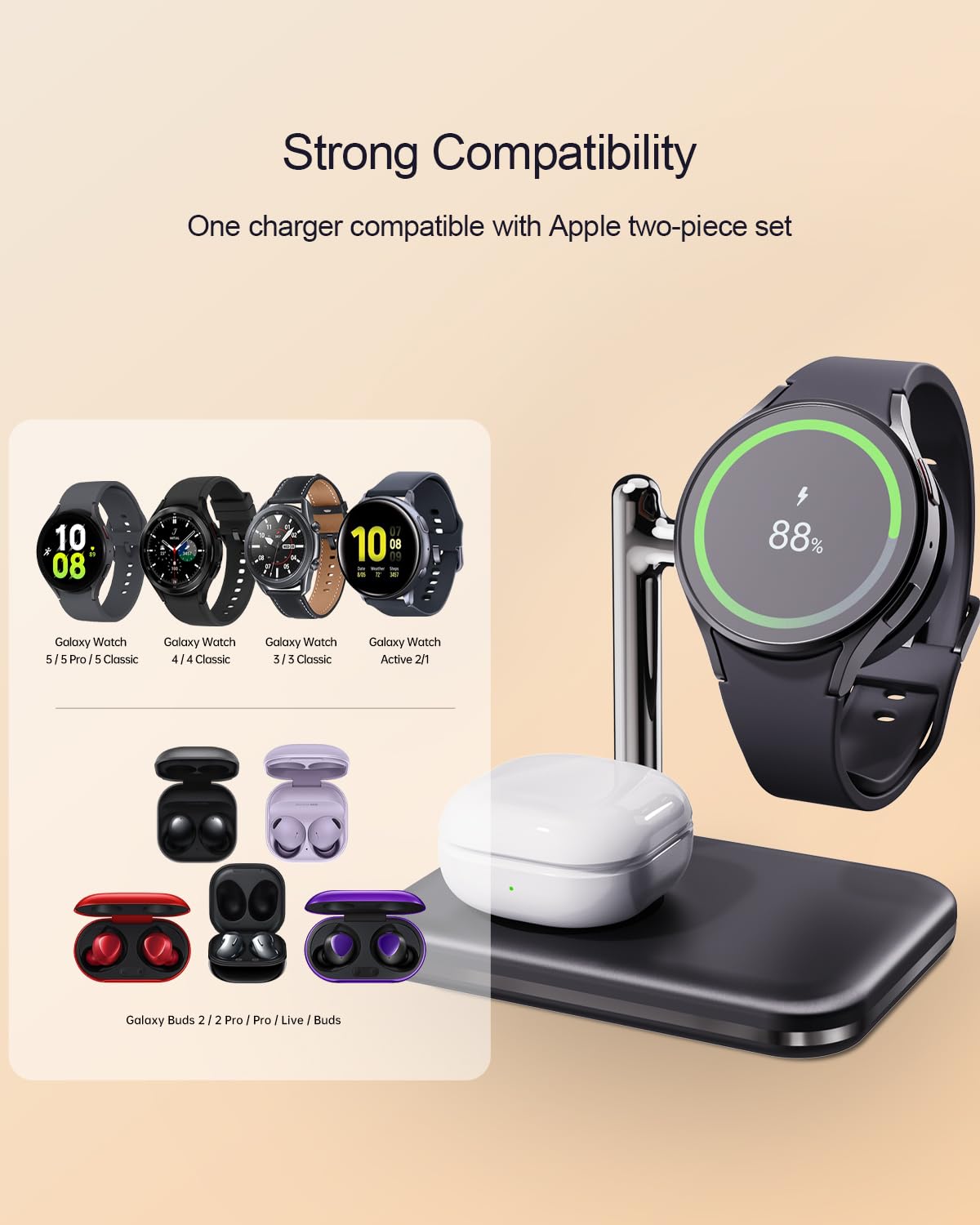 MAKAQI 2 in 1 Charger Stand for Samsung Watch and Earbuds, Foldable Charging Dock Compatible With Galaxy Watch 7/6 Classic/5/5 Pro/5 Classic/4/3/Active 2/1 & Galaxy Buds 2/2Pro/Live