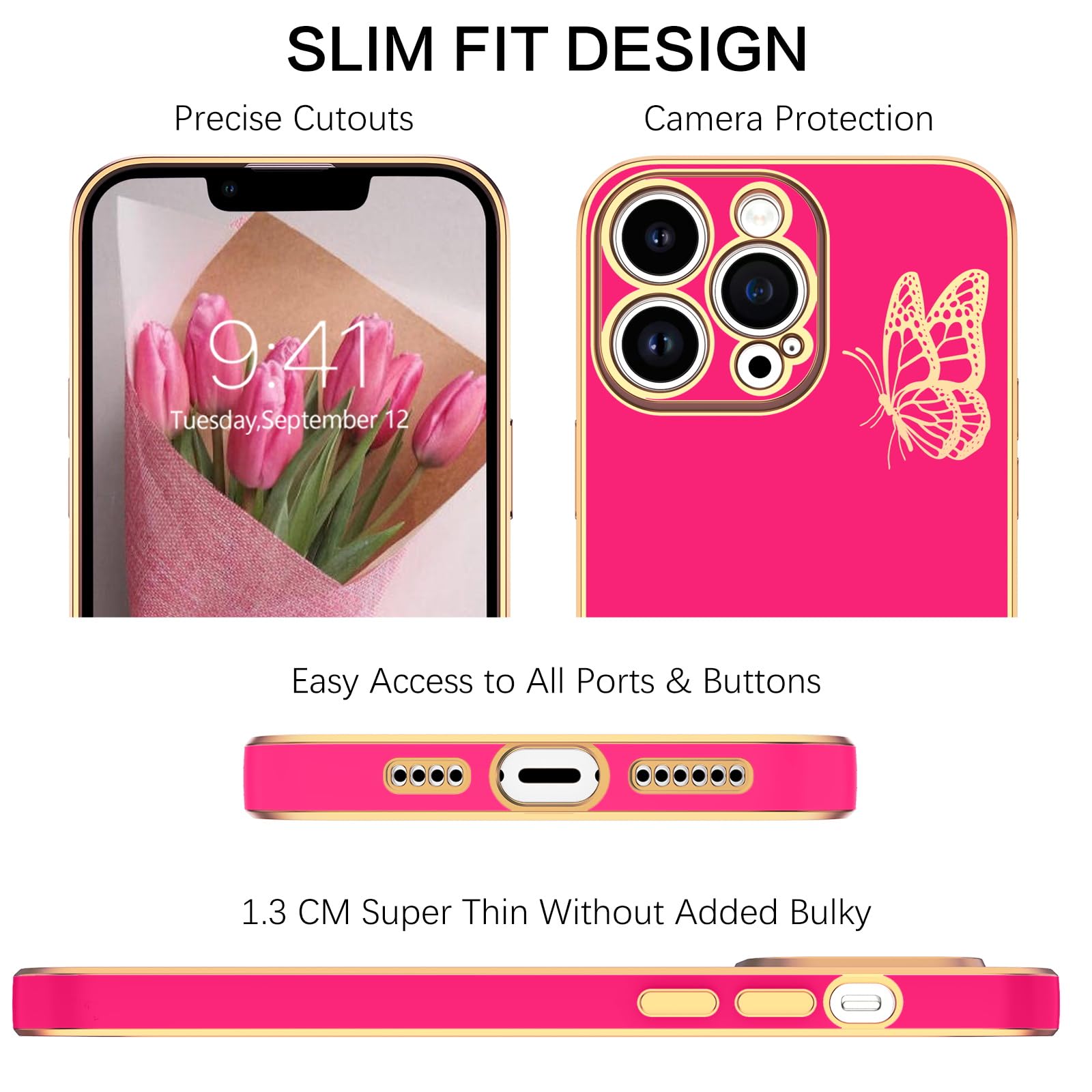 BENTOBEN for iPhone 13 Pro Max Case, Butterfly Design Women Girl iPhone 13 Pro Max Phone Case Slim Fit Luxury Shockproof Electroplated Soft Protective Cover Case for iPhone 13 Pro Max 6.7",Hot Pink