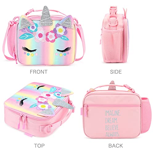 mibasies Kids Unicorn Insulated Lunch Box for Girls Rainbow Bag with Water Bottle Holder(Pink Blue Rainbow)