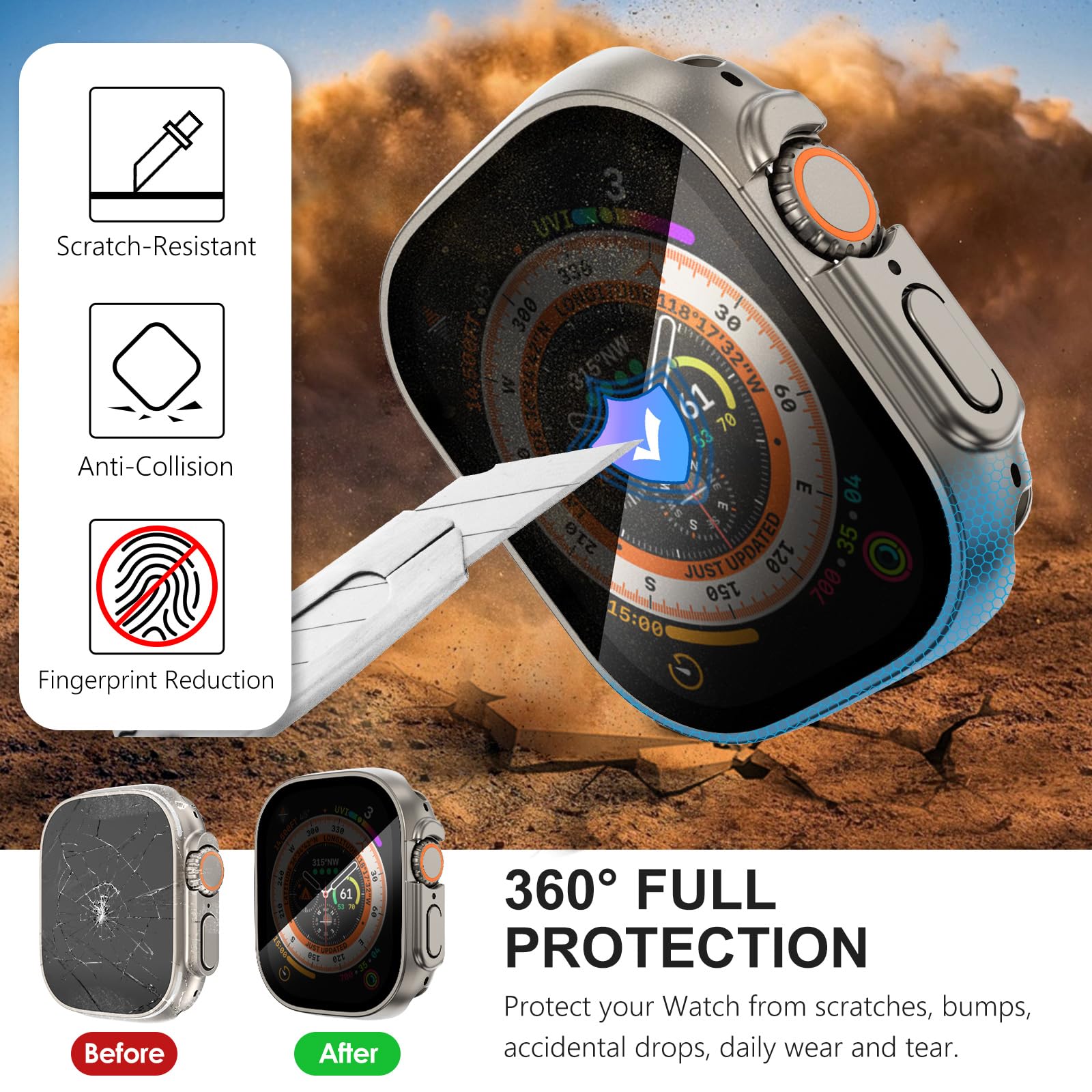 WINGLE 2 Pack for Apple Watch Ultra 2 49mm Privacy Screen Protector Case, [Anti-Peeping] 2 in 1 Waterproof 360 Protective Glass Face Cover Hard PC Bumper for iWatch Ultra 49 mm, Titanium