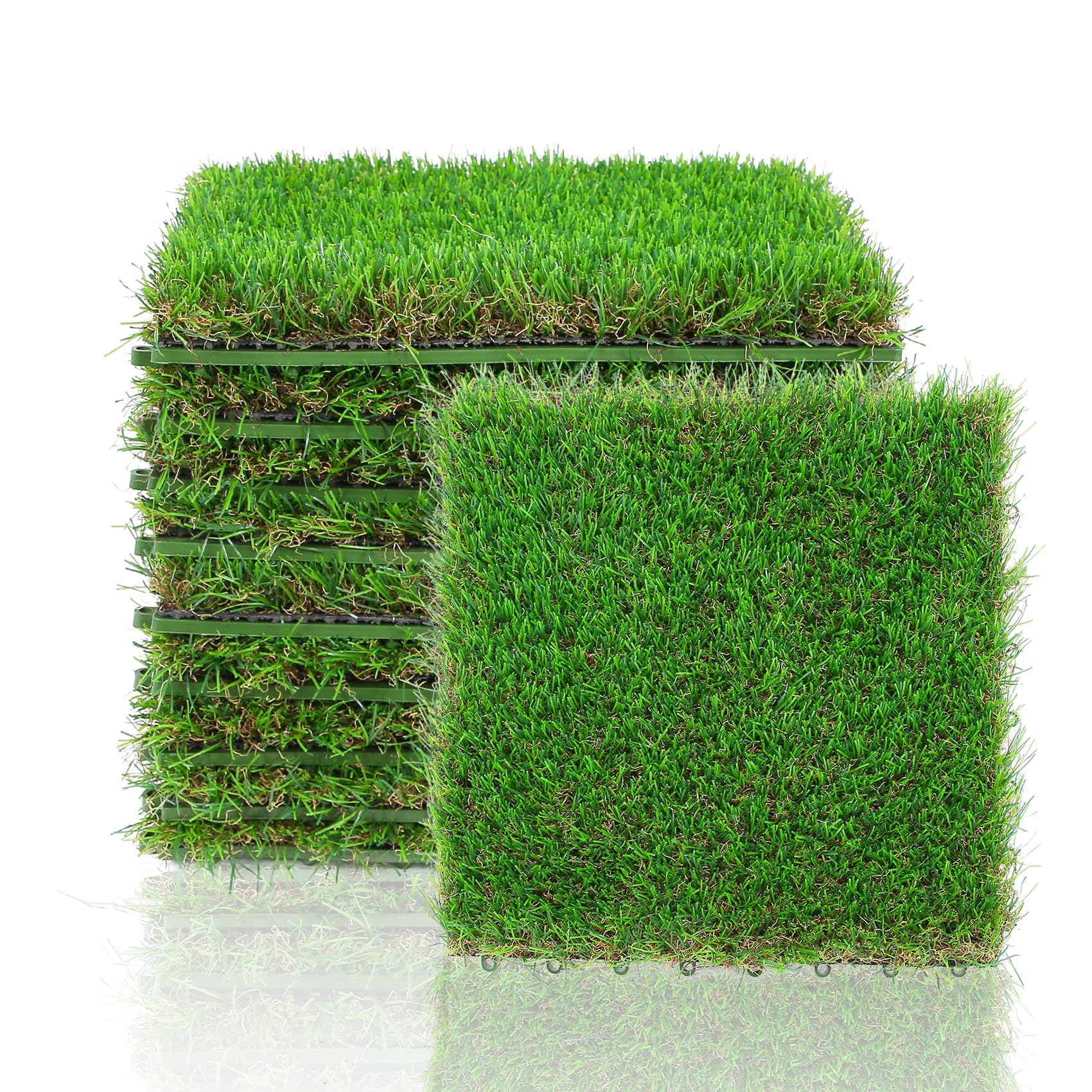 GLOBREEN Interlocking Artificial Grass Tiles 9 Pack, 12" x 12" Squares Fake Turf Grass Tiles Self-Draining for Deck, Patio, Dogs, Balcony, Backyard, Indoor Outdoor Flooring Decor